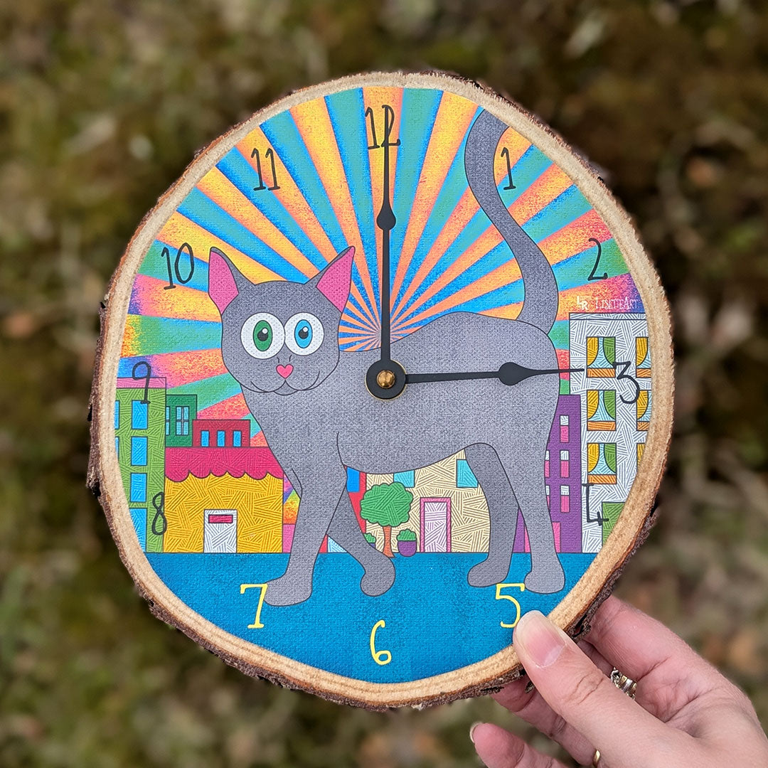 "Giant Kitty in a City" Wall Clock - Cat Art on Rustic Wood Slice ...