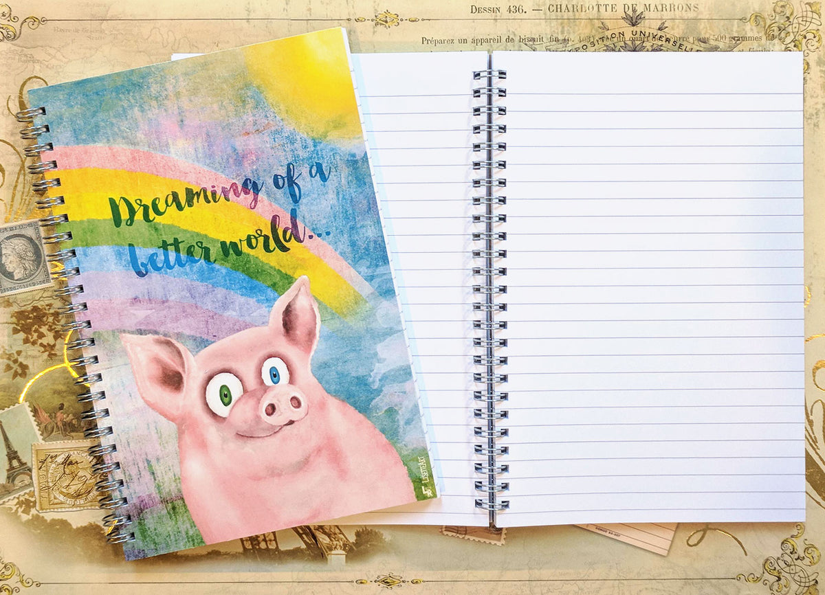 "Happy Pig" Spiral Notebook Vegan Journal – LisetteArt Shop